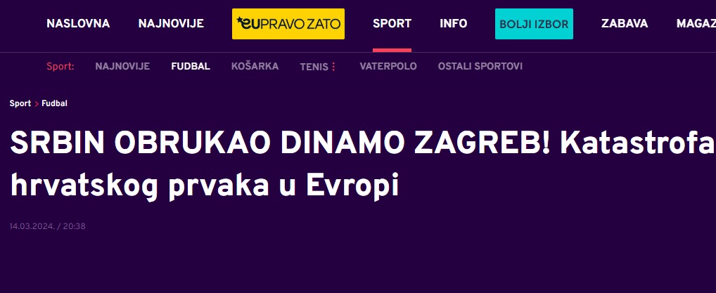 Srpski mediji likuju zbog potopa Dinama: 'Obrukao ga je Srbin' - Dnevno.hr